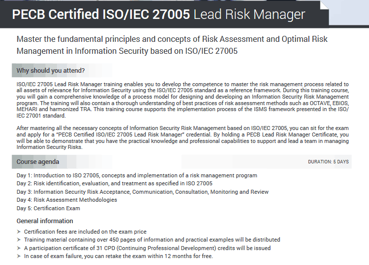 Information Security Risk Management Lead Risk Manager ISO 27005